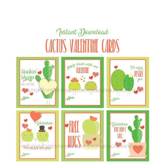 Cactus Instant Download Printable Valentines Day Cards Kids | Etsy