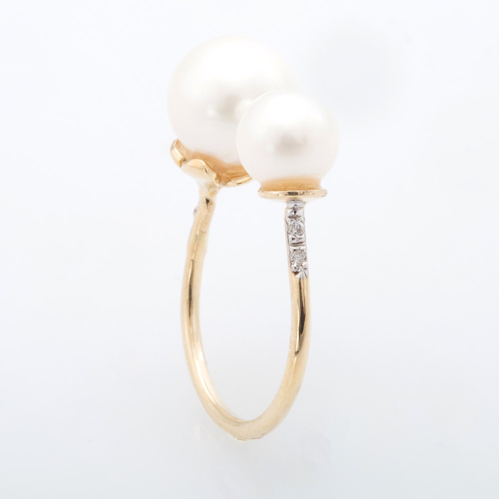 14K Gold Freshwater Pearl Ring With Diamonds, Adjustable Toi Et Moi Two ...