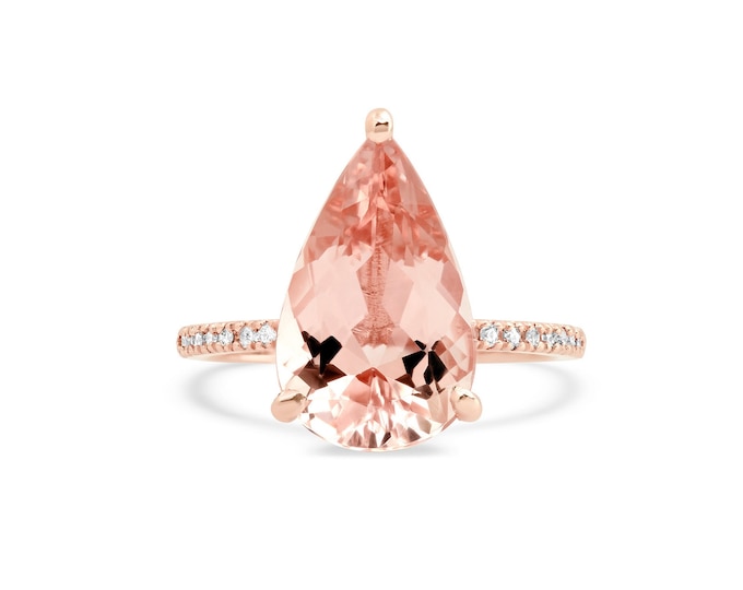 5 Ct. Pear Shape Morganite Ring With Diamond Pave Band / Rose Gold ...
