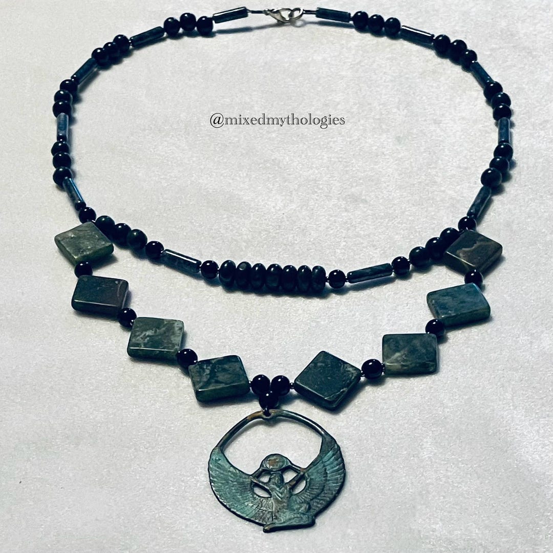 Winged Goddess Isis Beaded Necklace With Serpentine, Lapis Lazuli ...