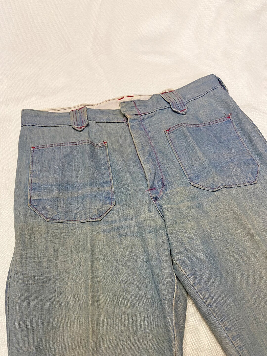 33 Vintage 70s Bell Bottom Jeans Sailor Jeans Weatern Chambray Jeans With Red Stitching 1970s