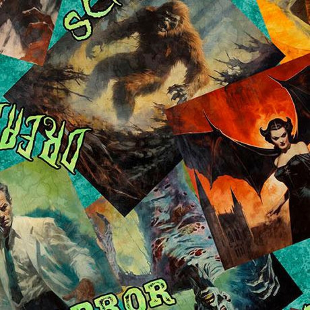 Retro Horror Movie Fabric: Vintage Monster Scenes, Halloween Quilting ...