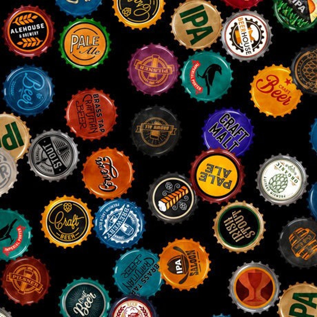 On Tap - Beer Bottle Caps by QT Fabrics 28422-J Beer Caps on Solid ...