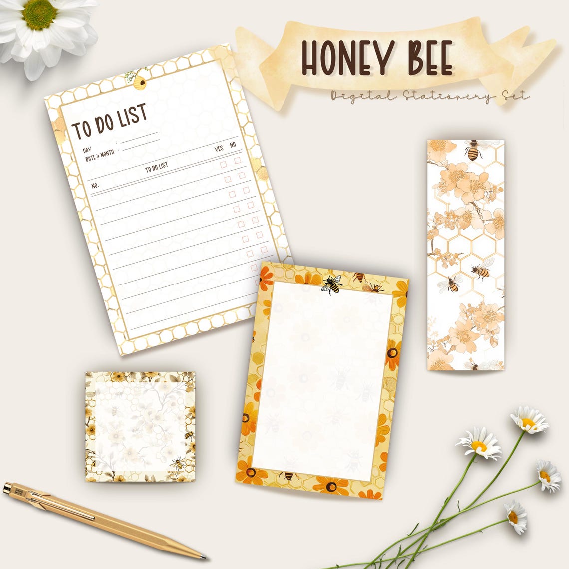 Honey Bee Stationery Set: Printable Planner, Notepads & Bookmark ...