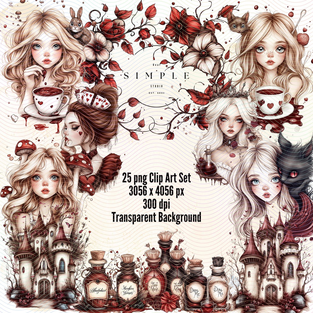 Alice in Wonderland Clipart Bundle | 25 Whimsical Pngs of Alice, Queen ...