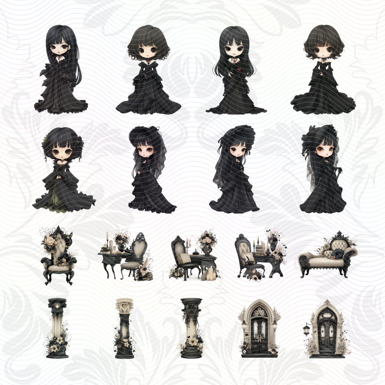 Gothic Chibi Clipart Bundle: Victorian Dolls & Ephemera (100 Pngs) - Etsy