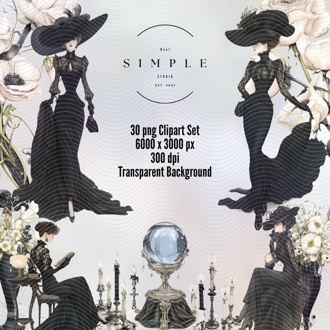 Gothic Gibson Girl Clipart: Séance, Crystal Ball, Dark Florals (30 Pngs ...