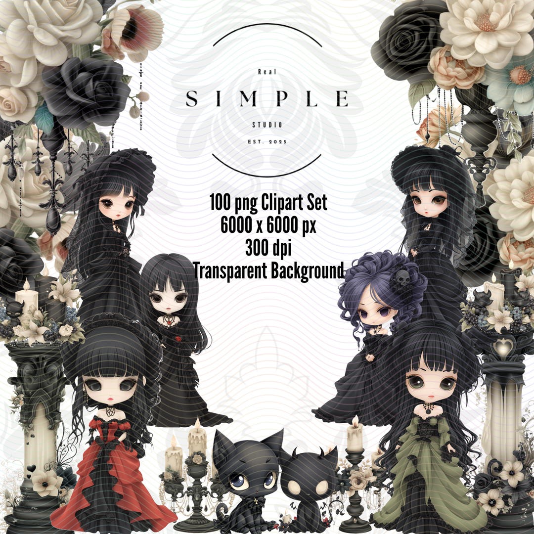 Gothic Chibi Clipart Bundle: Victorian Dolls & Ephemera (100 Pngs) - Etsy