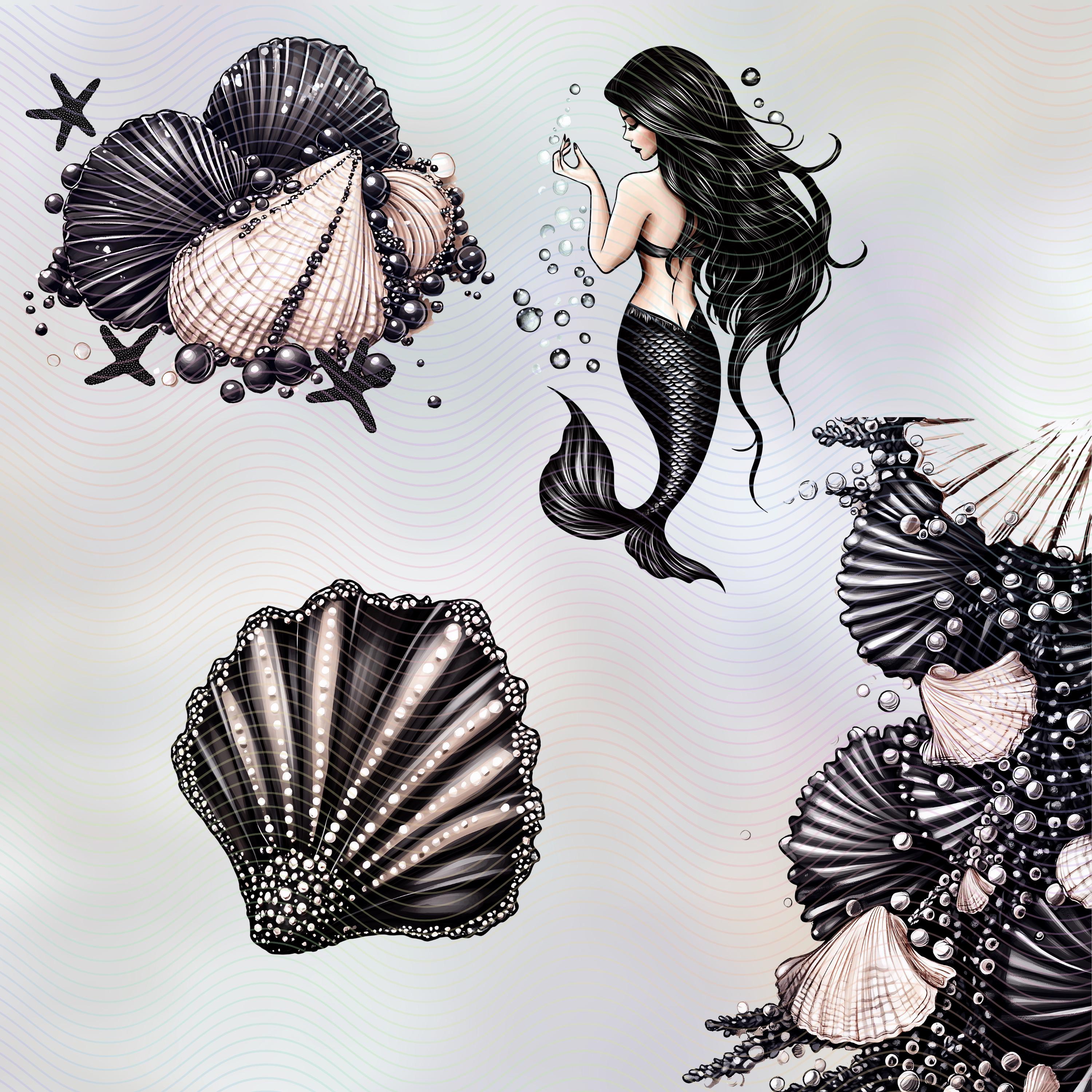 Gothic Mermaids Clipart Bundle: Black Pearl & Seashell Pngs (digital ...