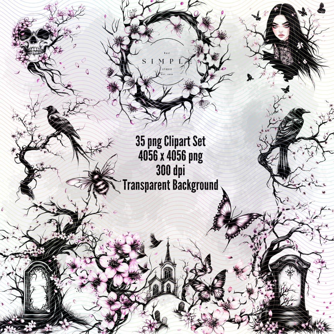 Gothic Spring Clip Art: Cherry Blossoms, Tombstones, Butterflies (pngs ...