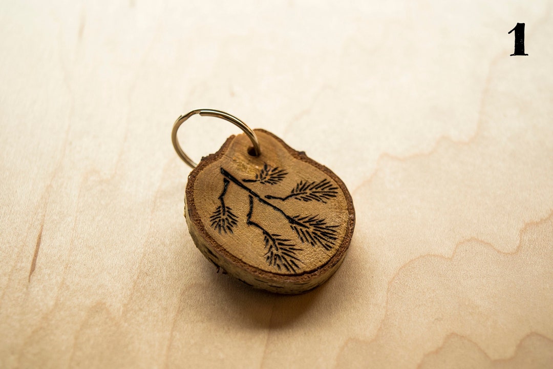 Handmade Woodslice Key Ring With Pine Bough Woodburning Design - Etsy