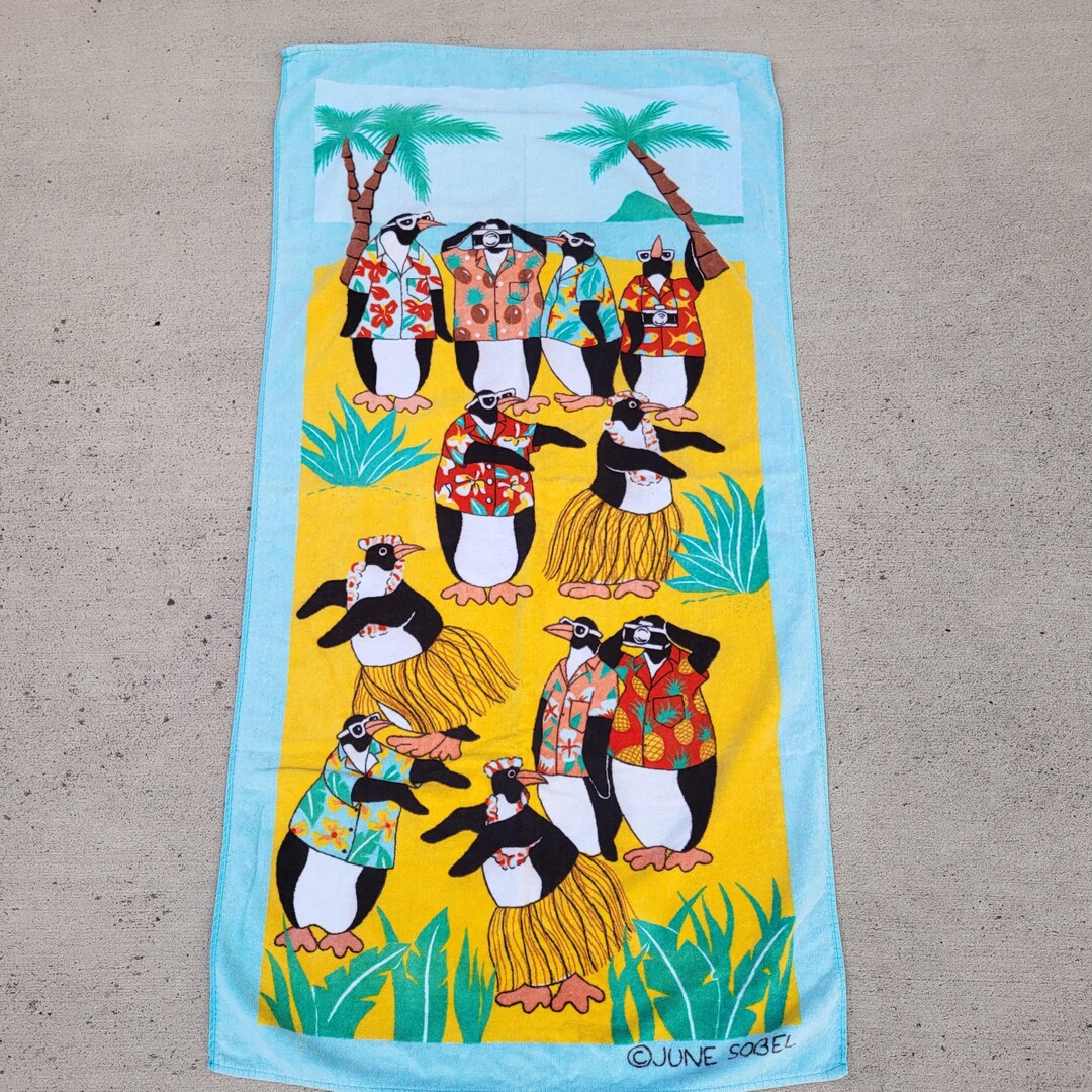 Vintage June Sobel Penguin Friends Beach Party Beach Towel Penguins in ...
