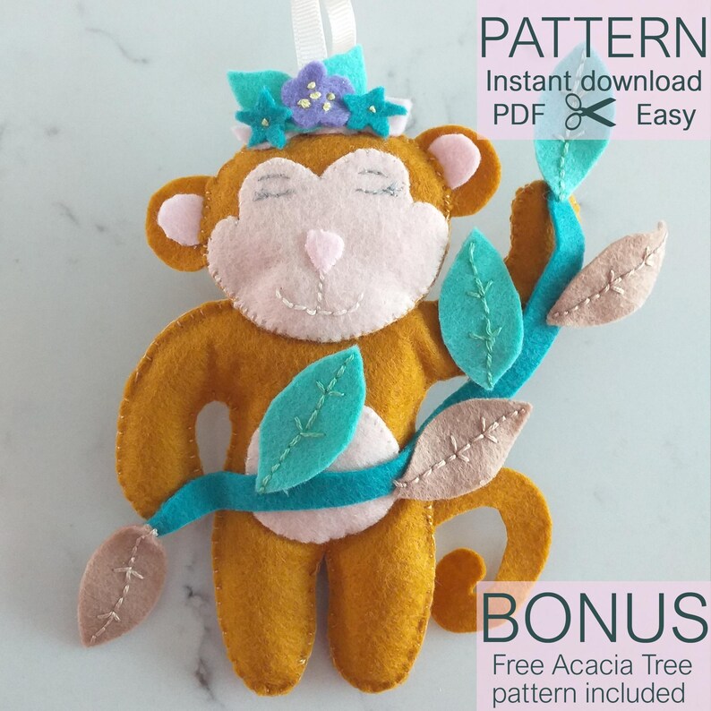 Felt Monkey Sewing Pattern: Safari Nursery Mobile, Garland (PDF Pattern ...
