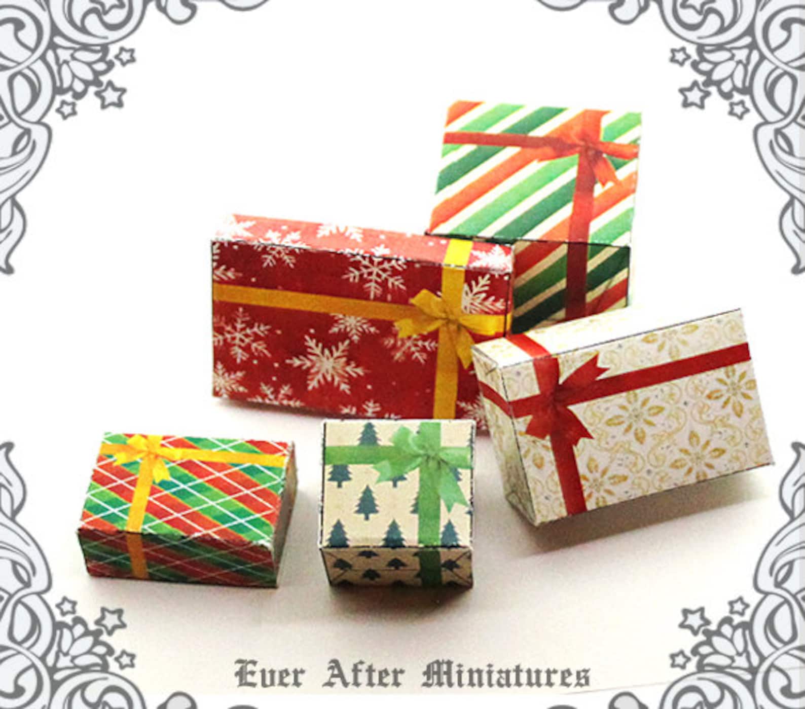 5 CLASSIC Miniature Christmas Gift Box Set–1:12 Dollhouse Miniature ...