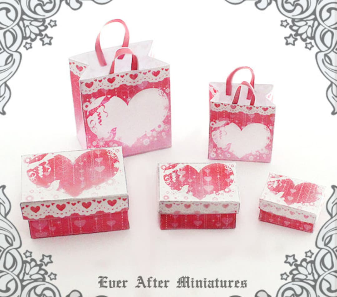 VALENTINES DAY Miniature Gift Box & Dollhouse Miniature Gift Bag Set 1: ...