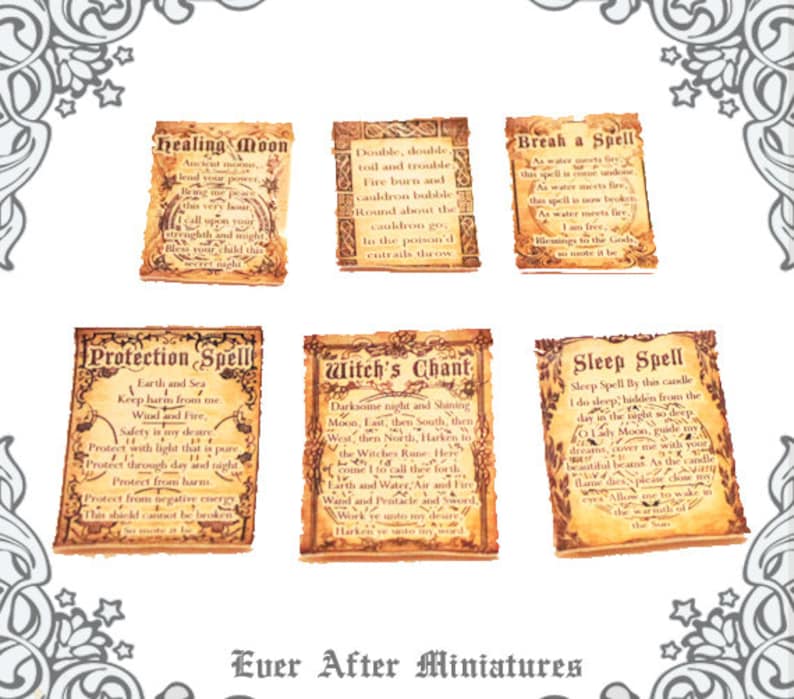 6 MAGIC SPELL Miniature Scroll Set #2 – 1:12 Readable Dollhouse ...