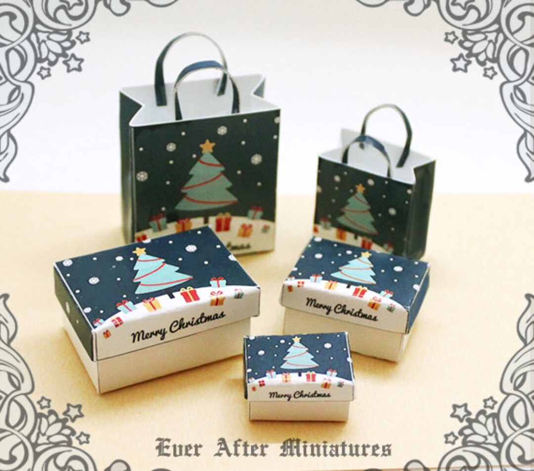 MERRY CHRISTMAS Miniature Gift Box & Dollhouse Miniature Gift Bag Set 1 ...