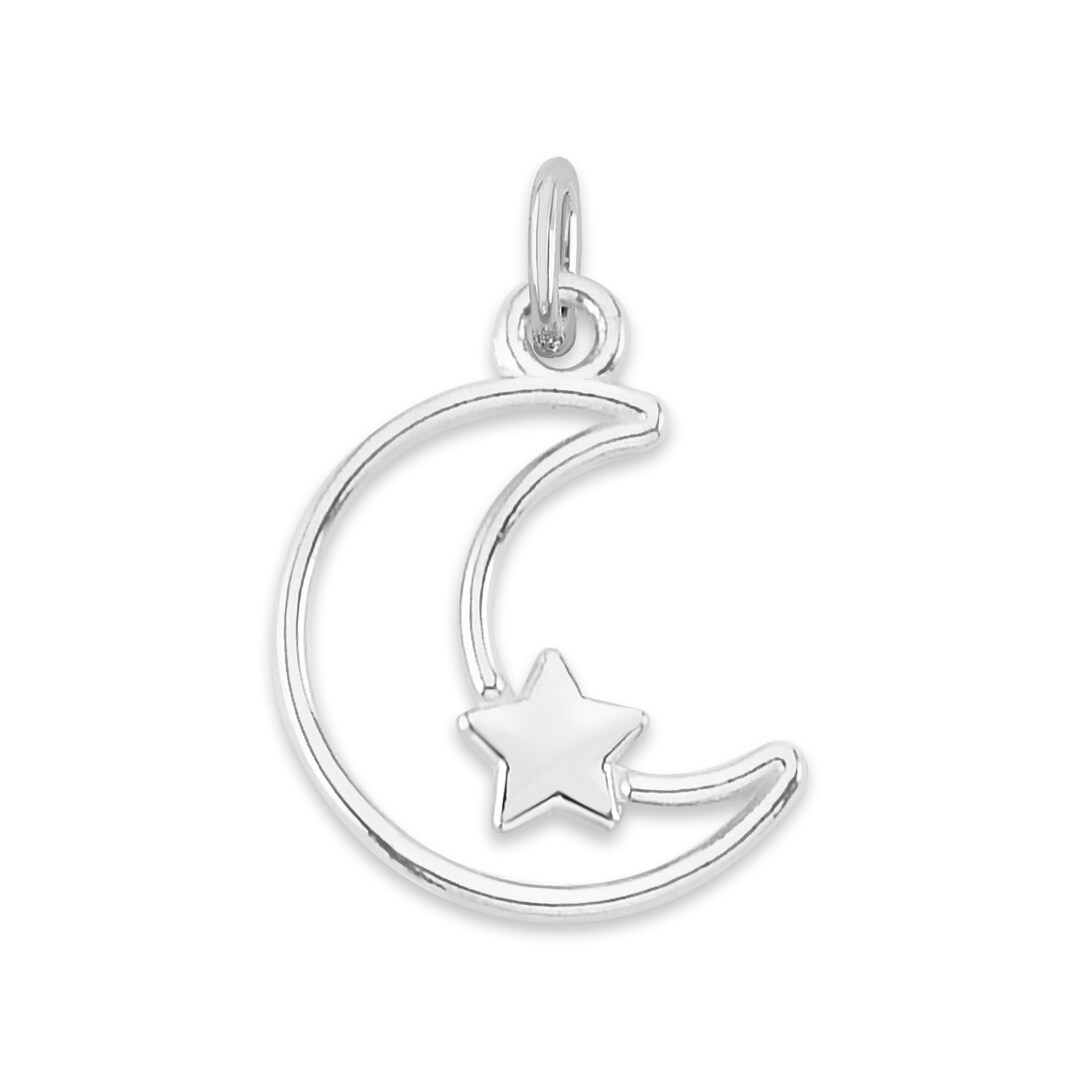 Real Solid 14k White Gold Moon and Star Charm, Celestial Charm to ...