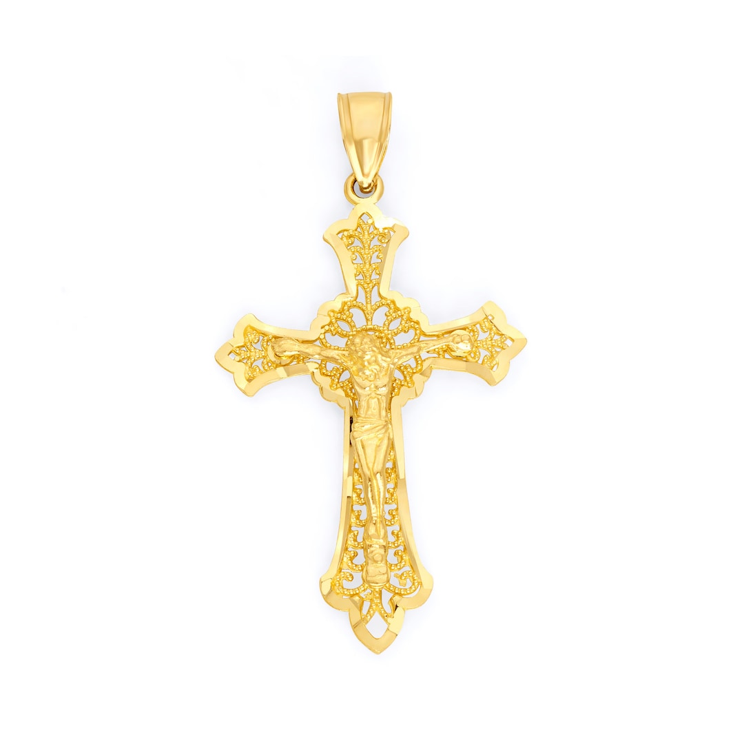 Solid 10k/14k Gold Crucifix Pendant: Diamond Cut Christian Cross - Etsy
