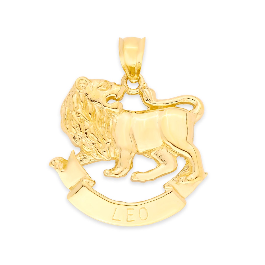 14k Real Solid Gold Leo Zodiac Pendant, Large Leo Astrology Medal for ...