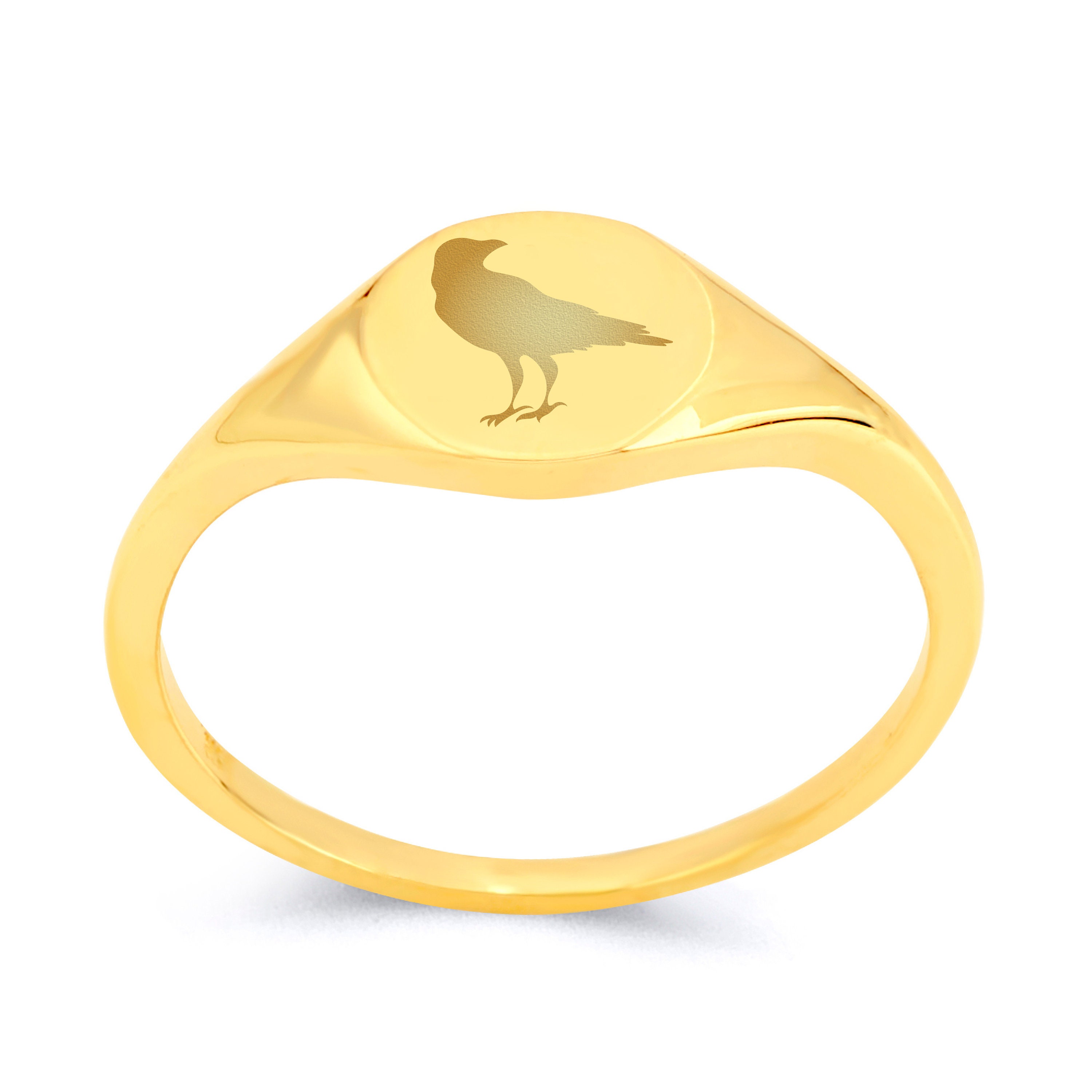 10k Gold Raven Signet Ring Engraved Black Bird Signet Ring | Etsy