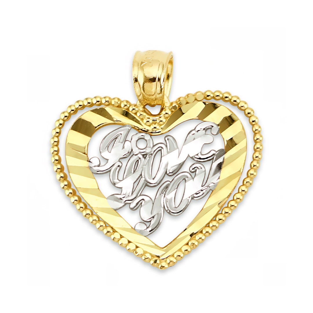 Two-tone Solid Gold 'I Love You' Heart Pendant - 10k/14k Gold Necklace ...