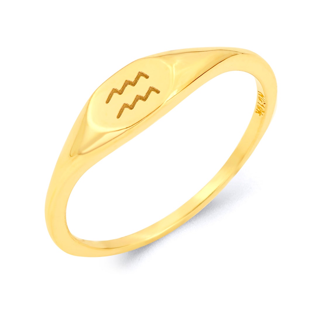 14k Gold Zodiac Signet Ring, Real Solid Gold Stacking Ring, Custom ...