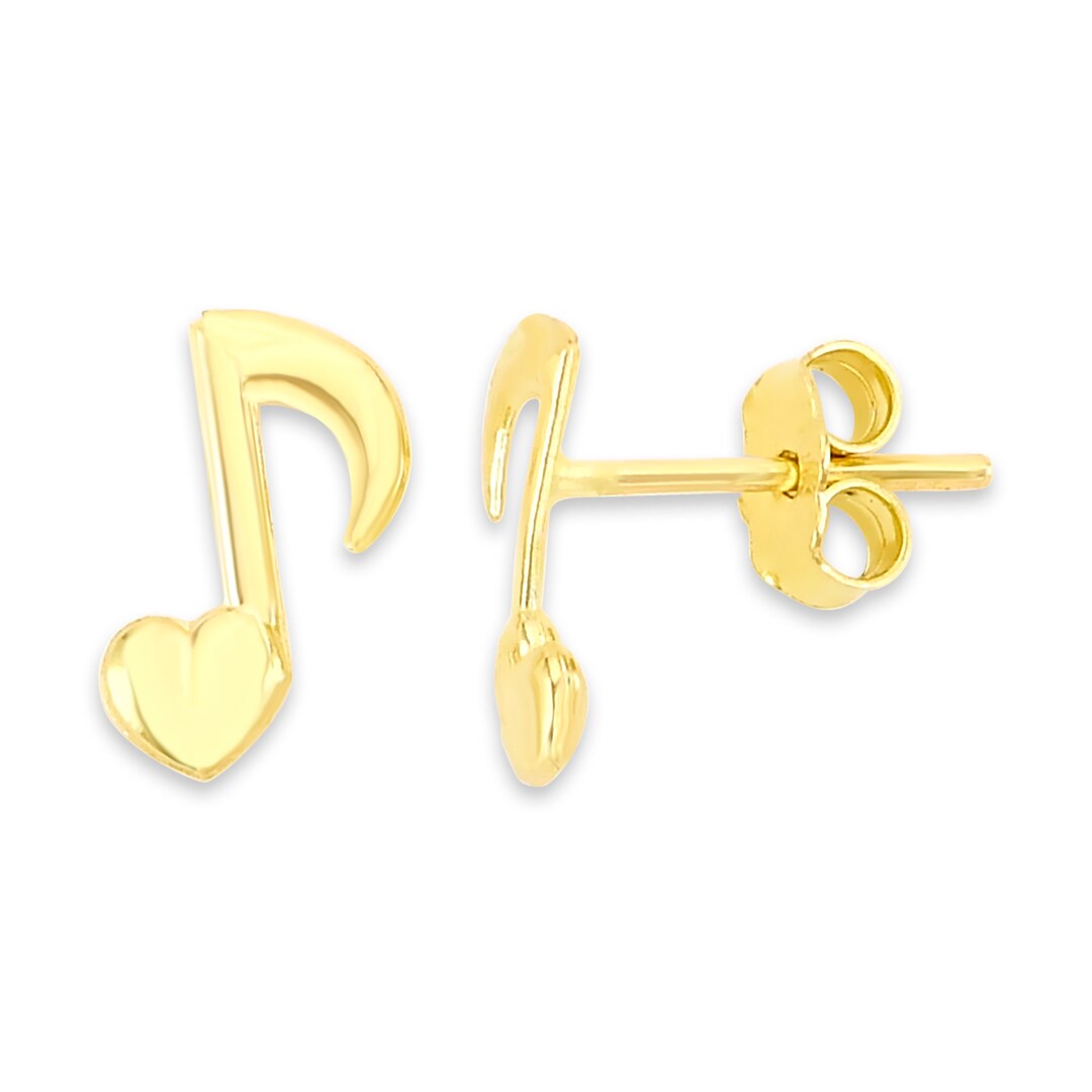 Real Solid Gold Music Note With Heart Stud Earrings in 10k or 14k Gold ...
