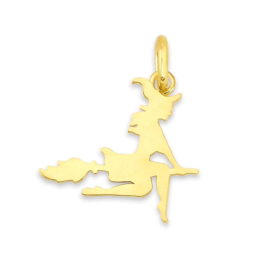 Tiny Solid Gold Witch on Broom Charm: 10k/14k Halloween Fantasy Jewelry ...