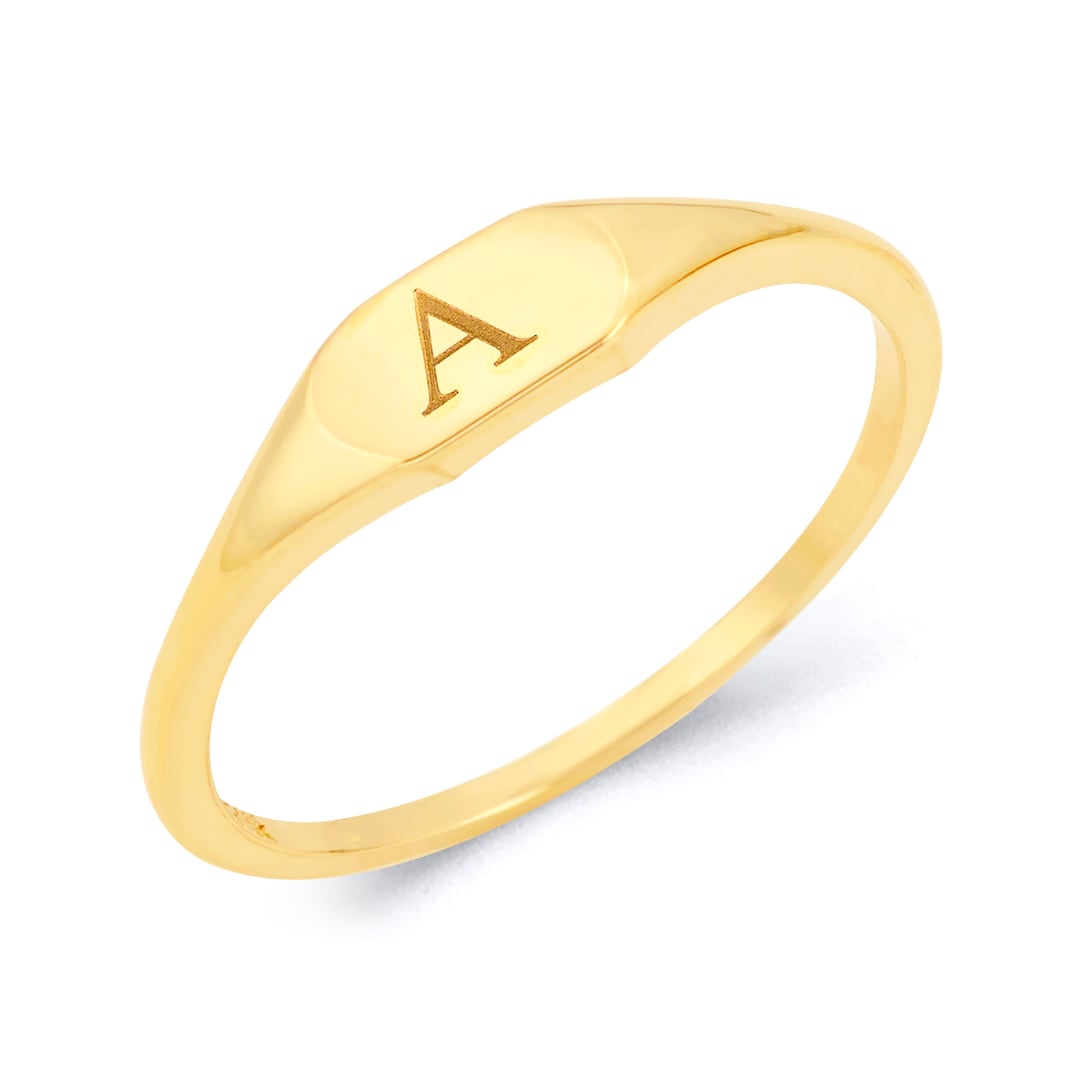 14K Gold Initial Signet Ring, Real Solid Gold Stacking Ring for Women ...