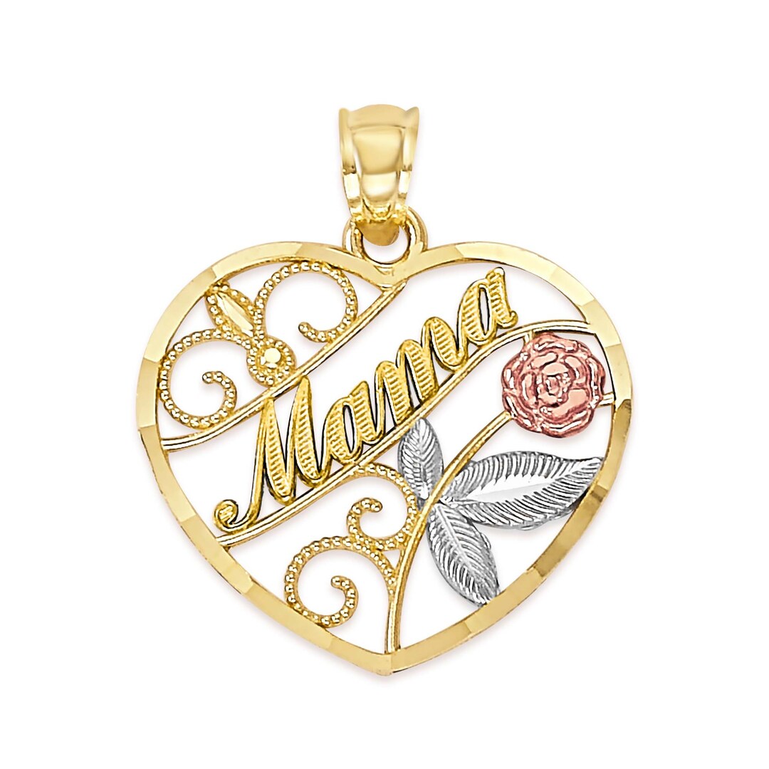Solid Tricolor Gold Mama Necklace, 10k or 14k Gold Heart Pendant Dainty ...