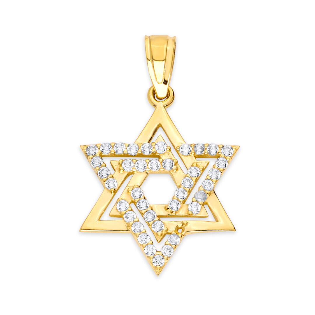 10k Real Solid Gold Star of David Pendant Set With CZ Stone, Religious ...