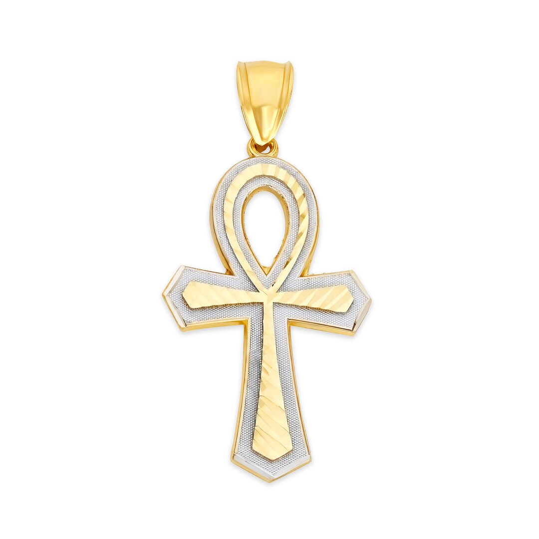Large Real Solid 10k Gold Ankh Pendant - Two-tone Gold Ankh Jewelry for ...