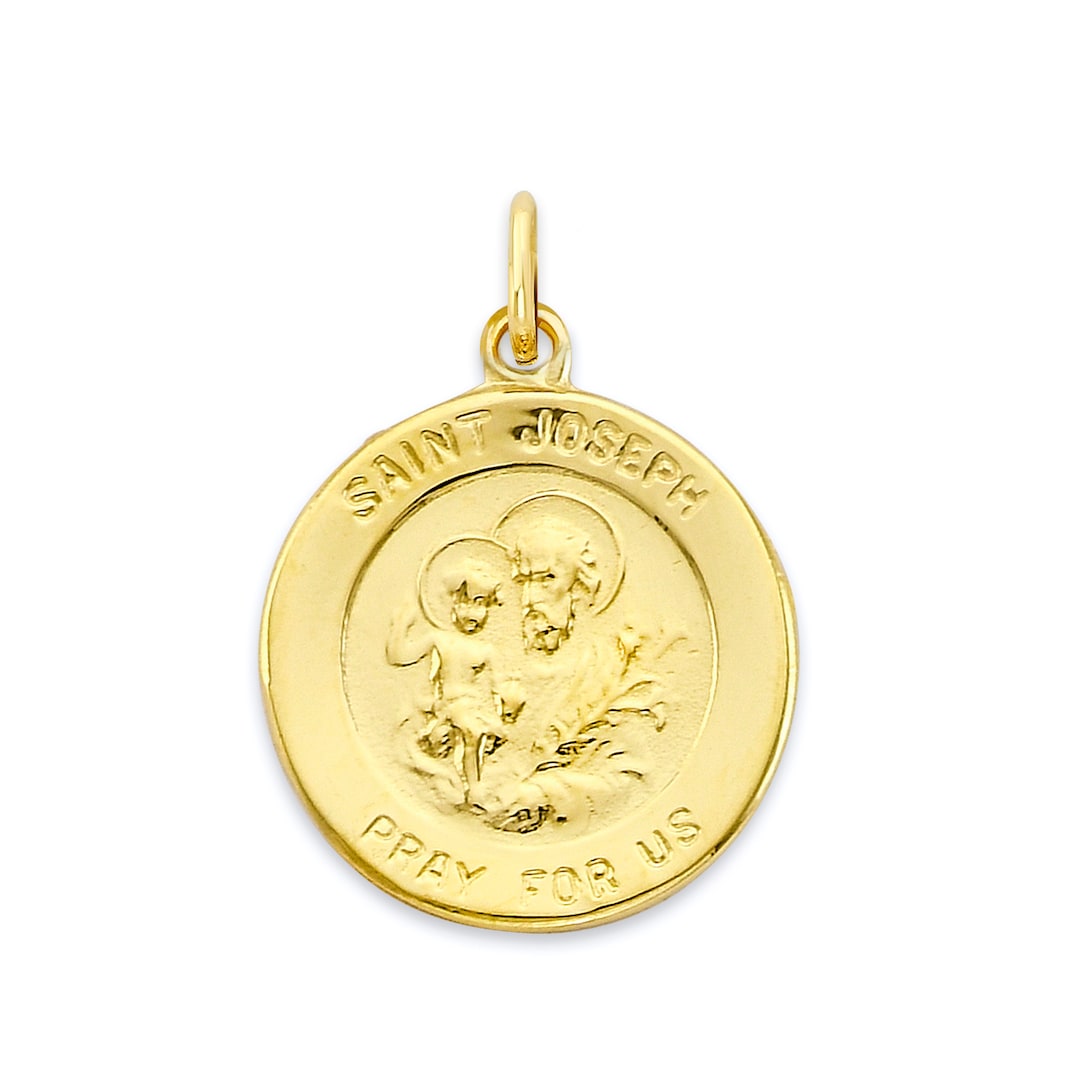 Real Solid 10k/14k Gold Saint Joseph Charm, Round Religious Medal Saint ...