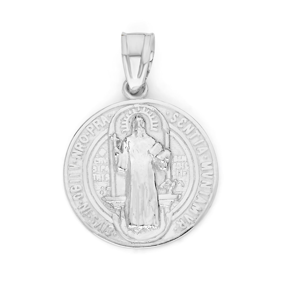 Dainty 14k White Gold Saint Benedict Medallion Pendant - Solid Gold San ...