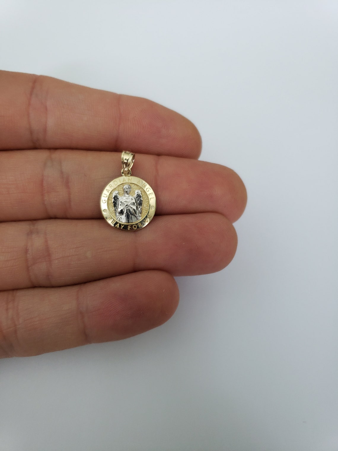 14k Gold Guardian Angel Medal Solid Gold Angel Pendant for | Etsy