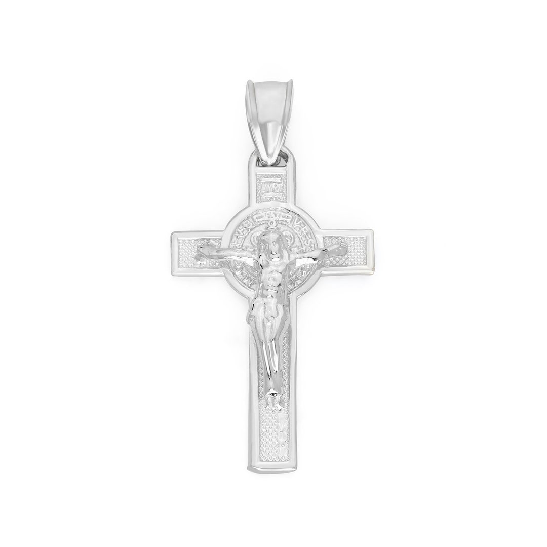 14k Solid White Gold Crucifix Pendant: Saint Benedict Guardian Angel - Etsy