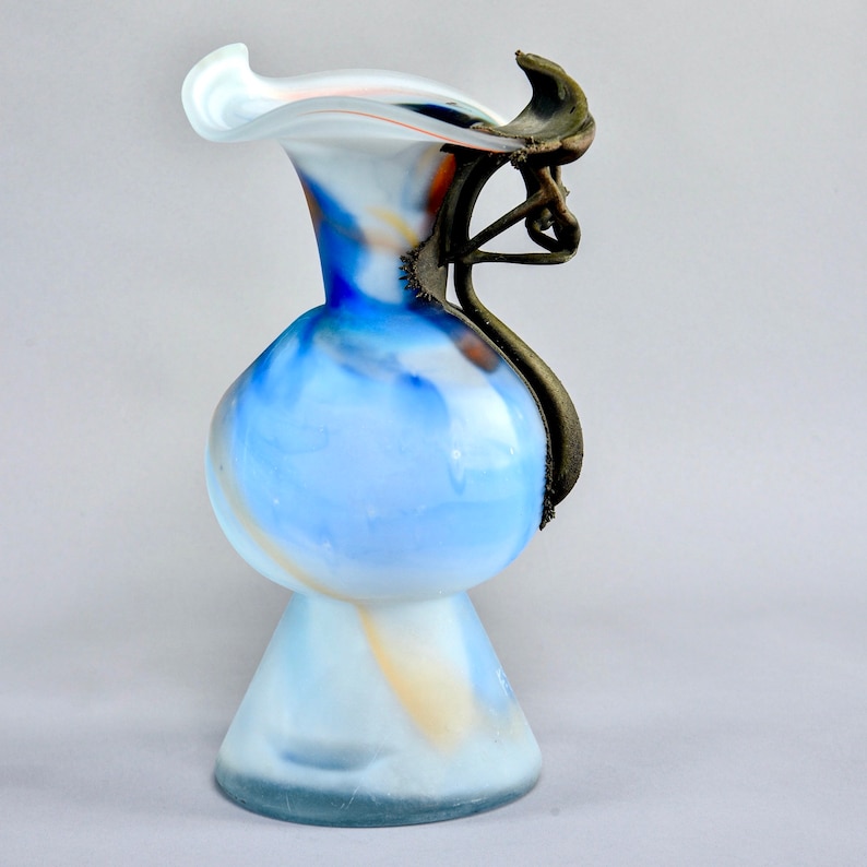 Filip Ravert Blue Art Glass Vase With Bronze Flower Overlay 9518 - Etsy