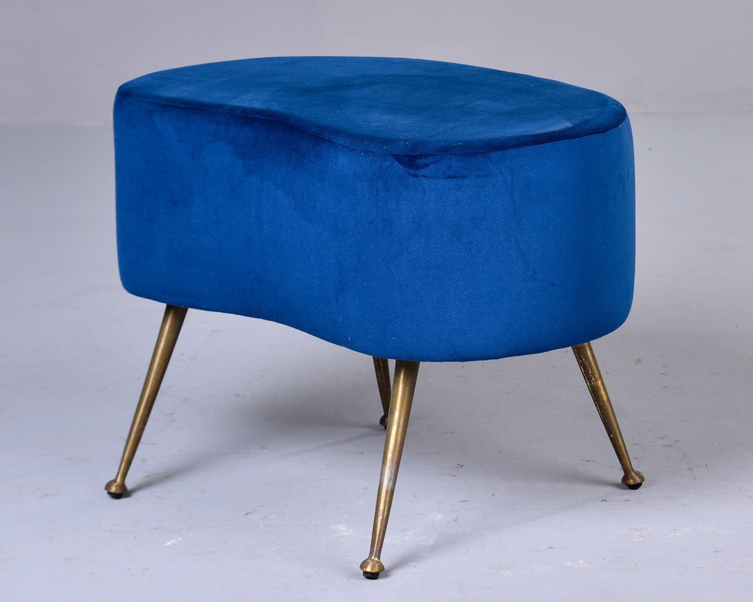 Mid Century Blue Kidney Shaped Stool With Brass Legs [11345] - Etsy