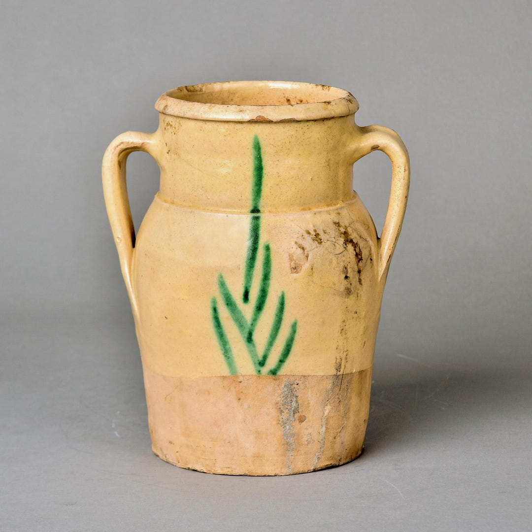 Medium Early 20th Century French Pale Yellow Pot With Green Accents ...