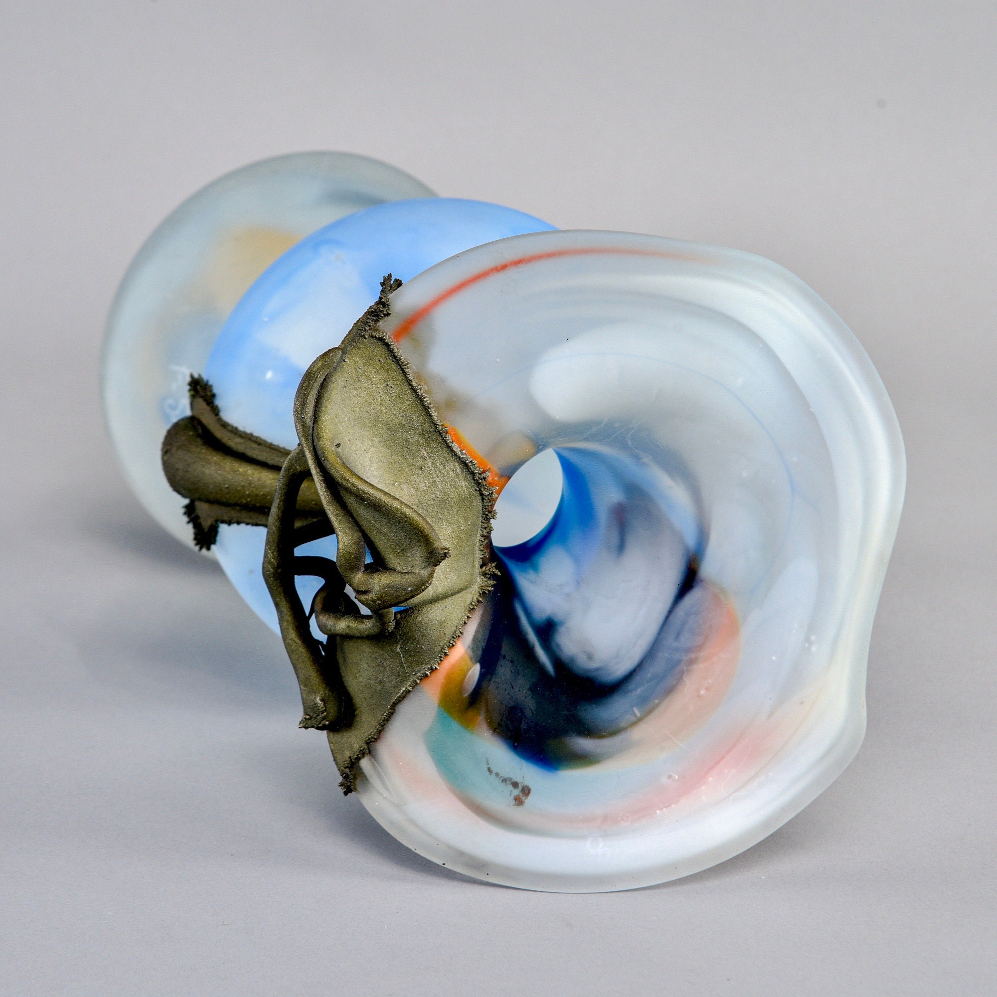 Filip Ravert Blue Art Glass Vase With Bronze Flower Overlay | Etsy UK