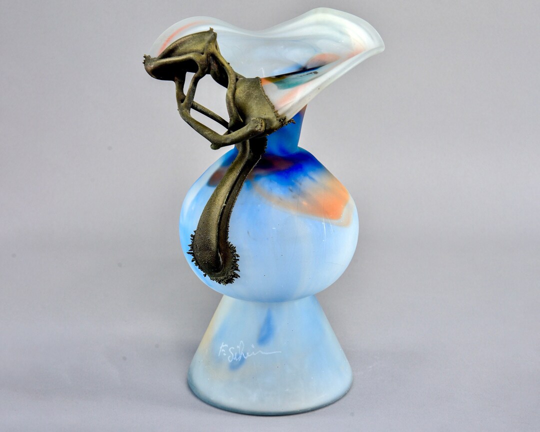Filip Ravert Blue Art Glass Vase With Bronze Flower Overlay [9518 ...