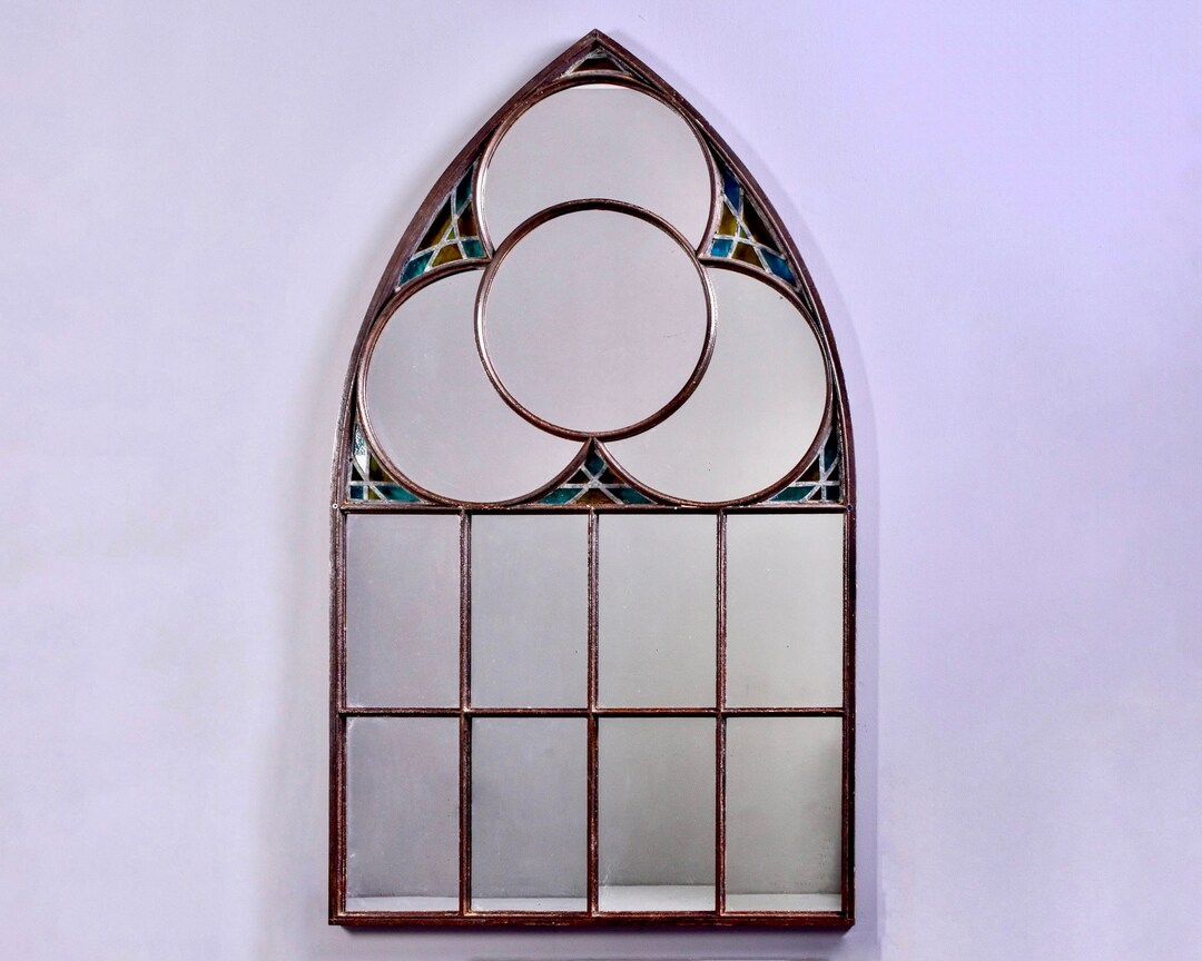 19th C Iron Framed Church Window Wall Mirror With Stained Glass 10937 ...
