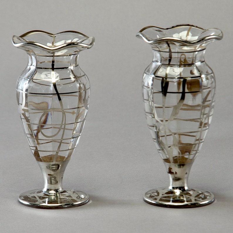 Pair Silver Overlay Art Glass Vases With Fluted Rims 8709 - Etsy