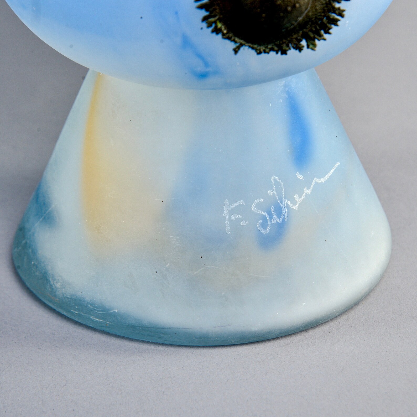 Filip Ravert Blue Art Glass Vase With Bronze Flower Overlay | Etsy UK