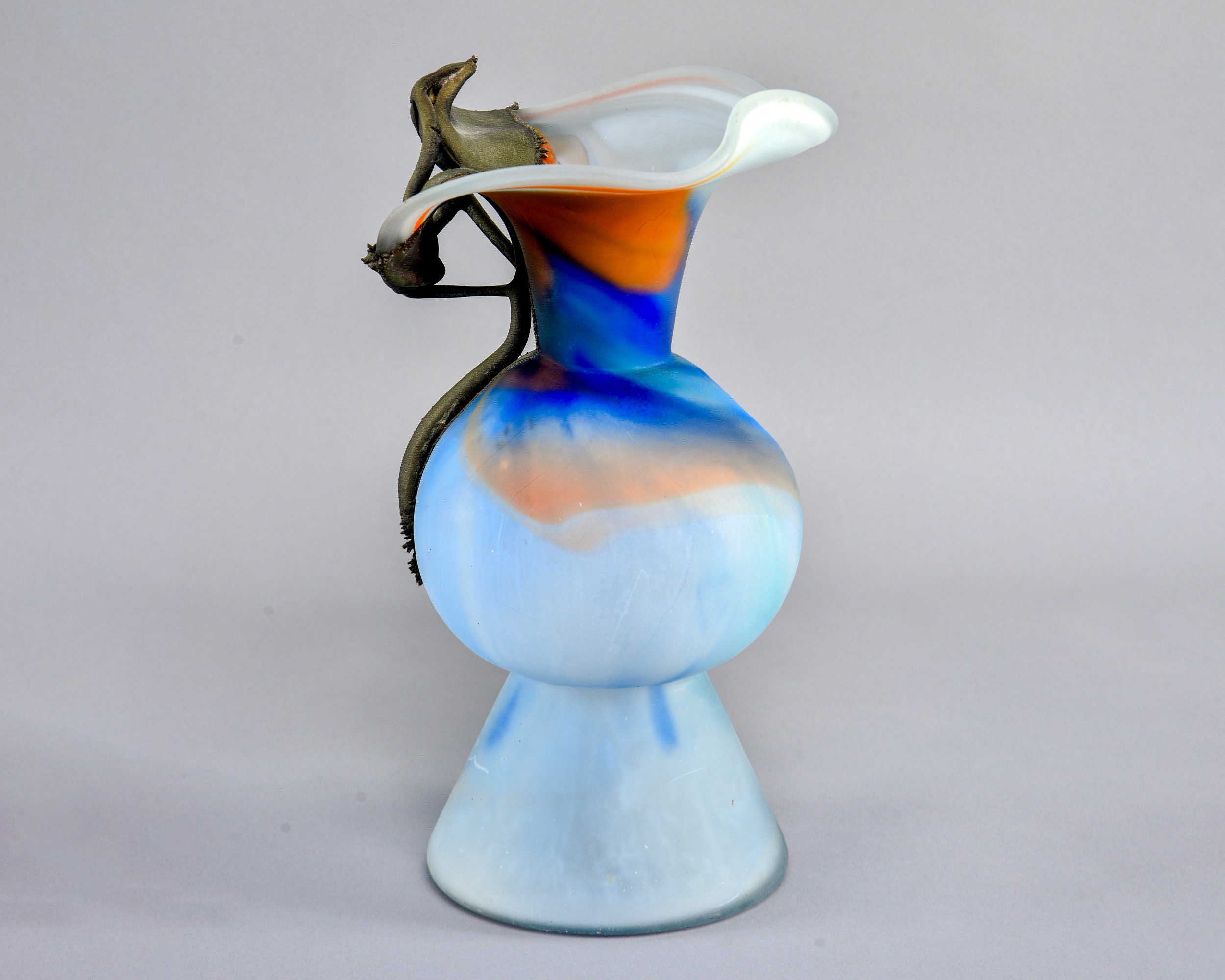 Filip Ravert Blue Art Glass Vase With Bronze Flower Overlay 9518 - Etsy