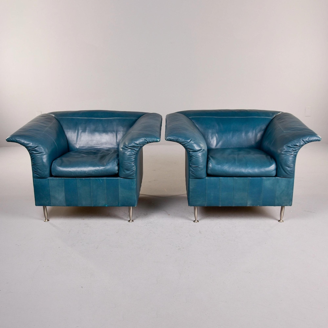 Vintage Poltrona Frau Teal Leather Club Chairs - Pair [11827] - Etsy