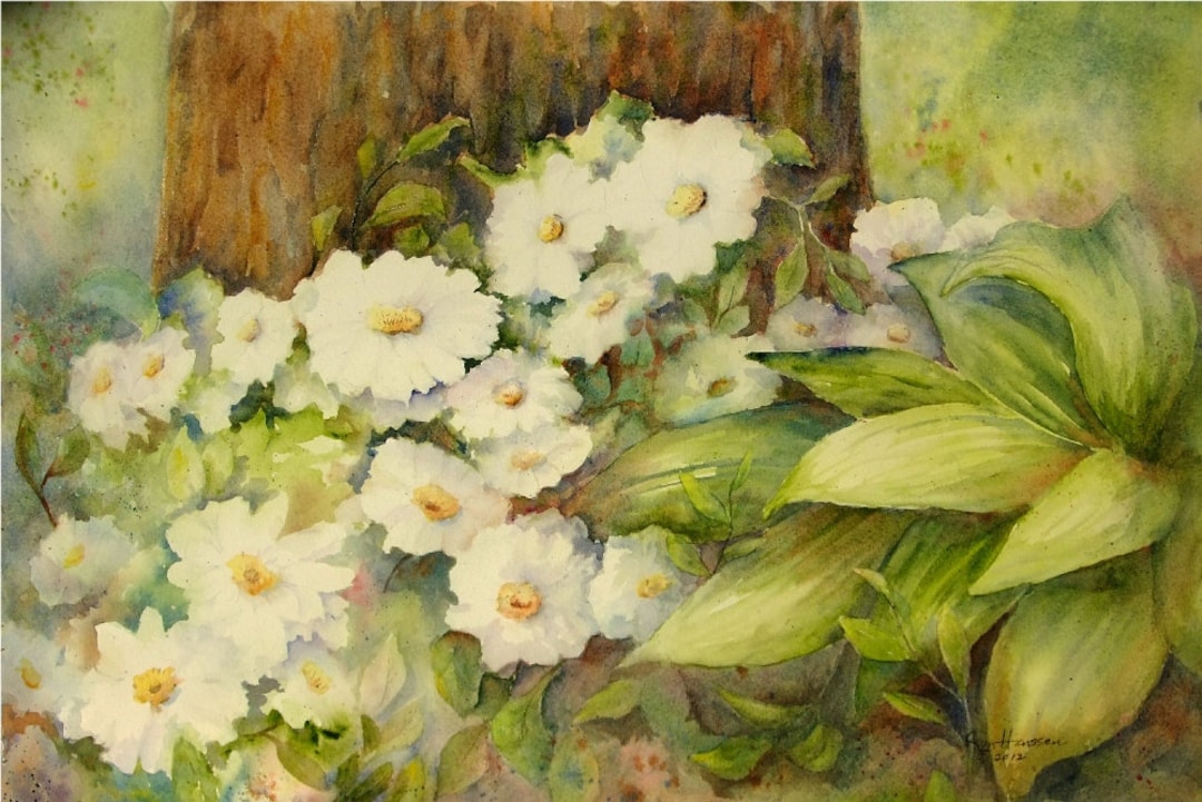 15"x22" Original Watercolor Painting, White Clematis With Green Hosta ...