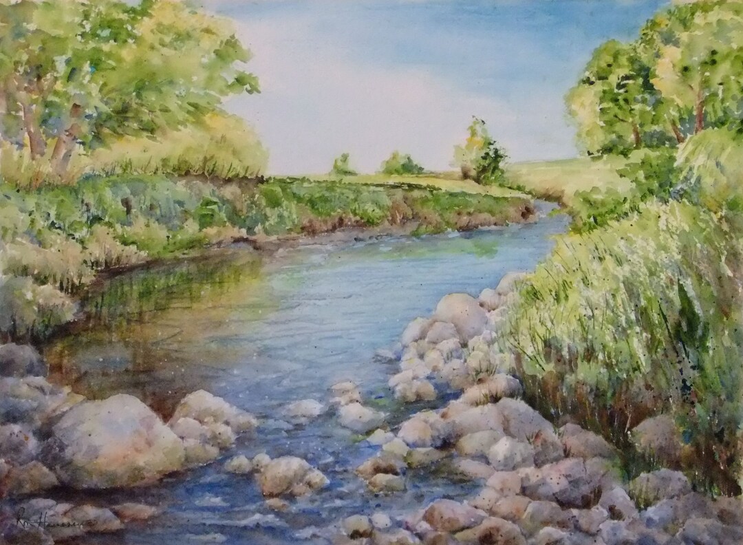 Summer River With Rocks, 11x15 Original Watercolor Landscape Art - Etsy