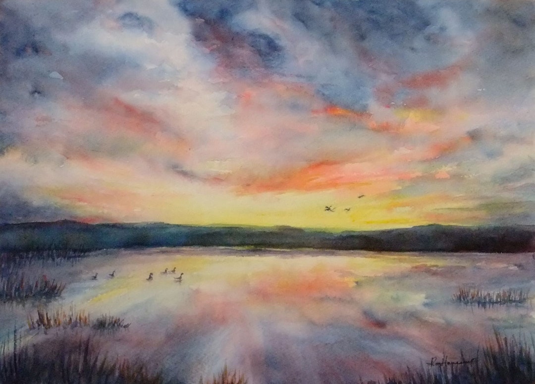 11"x15" Original Watercolor Art, Fall Sunset on Water Painting - Etsy